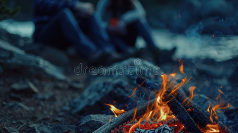 A Couple Sitting by a Fire with a Man Holding a Cup Stock Photo - Image ...