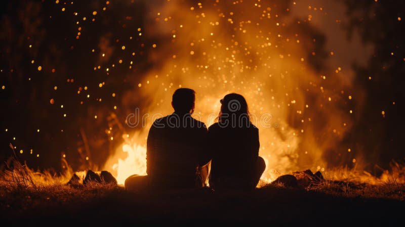 A Couple Sitting in Front of a Fire with Sparks Flying, AI Stock Image ...