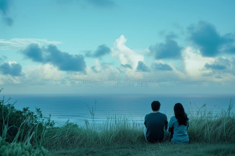 Couple Sitting, with a Panoramic Ocean Horizon Merge Stock Photo ...