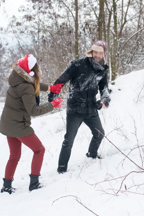 Couple in Snow Fight in the Hill Stock Image - Image of people ...