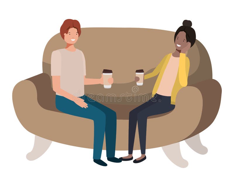 Couple in Sofa Drinking Coffee Avatar Character Stock Vector ...
