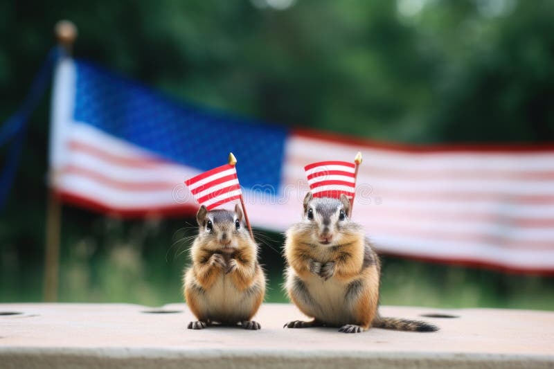 A Couple of Squirrels Holding American Flags on Top of a Table ...