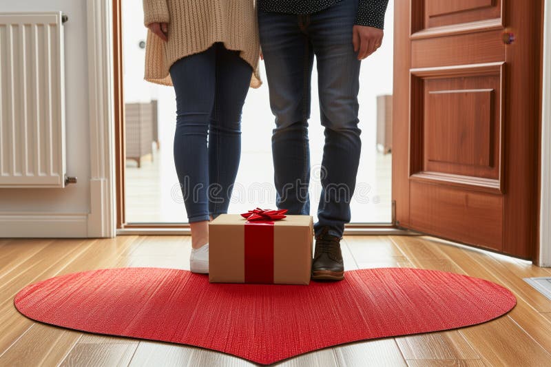 Couple Standing by Open Door, Gift Box on Red Heart Mat Stock Photo ...