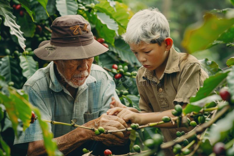 A Couple Standing Under a Tree, Inspecting the Coffee Beans Growing on ...