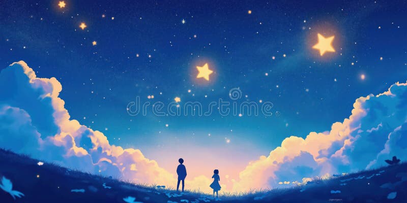 Couple Stands on Hill Looking at Starry Night Sky Full of Bright Stars ...