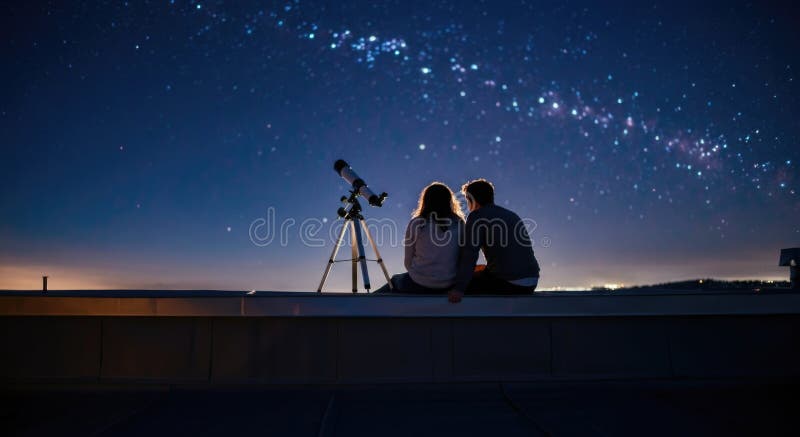 Couple Stargazing on Rooftop Under Starry Night Sky with Telescope ...