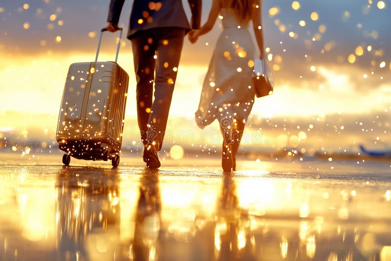 A Couple Strolls Together on a Reflective Surface at Sunset, Holding ...