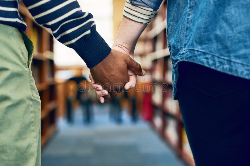 Couple, Students and Closeup for Holding Hands in Library with Support ...