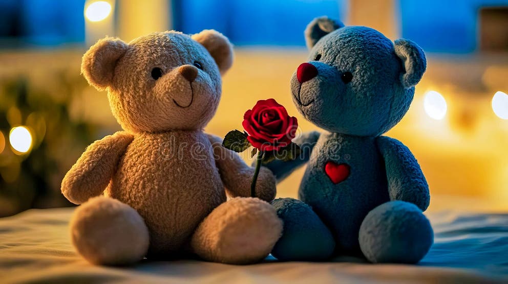 A Couple of Stuffed Animals Sitting Next To Each Other Holding a Rose ...