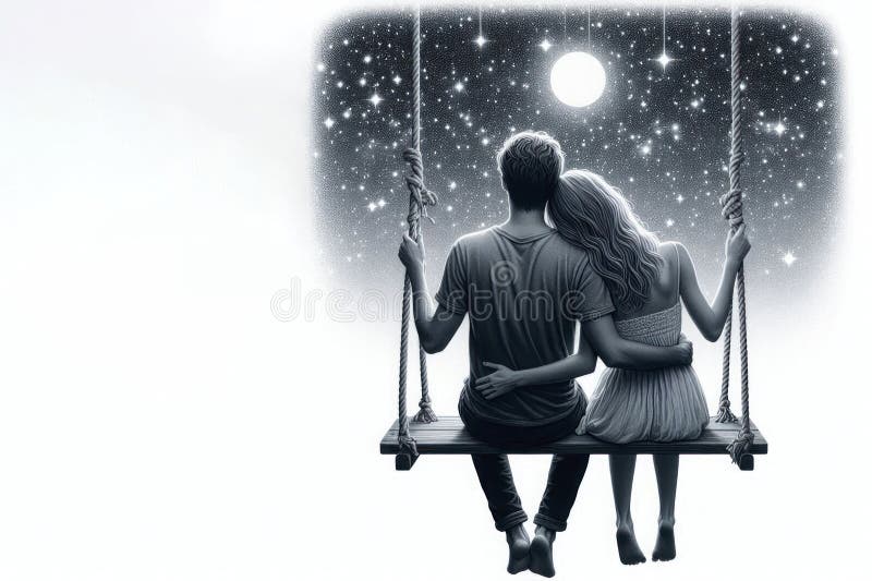 Couple on a Swing Under the Starry Sky. Space for Text. Stock Photo ...