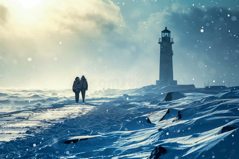 Couple Taking a Romantic Walk on a Snow-covered Beach, with a ...
