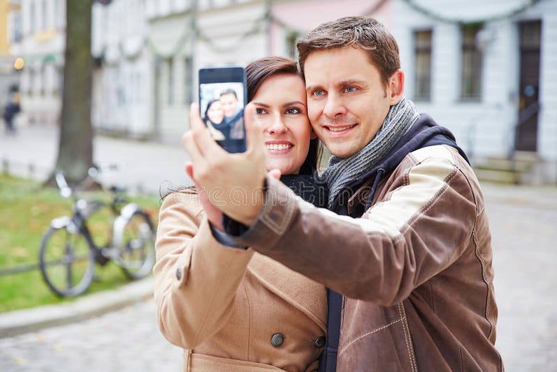 Couple Taking Self Portrait in City Stock Photo - Image of relationship ...