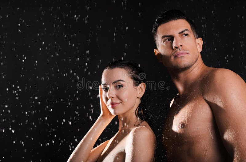 Couple Taking Shower Against Black Background Woman Washing Hair Stock
