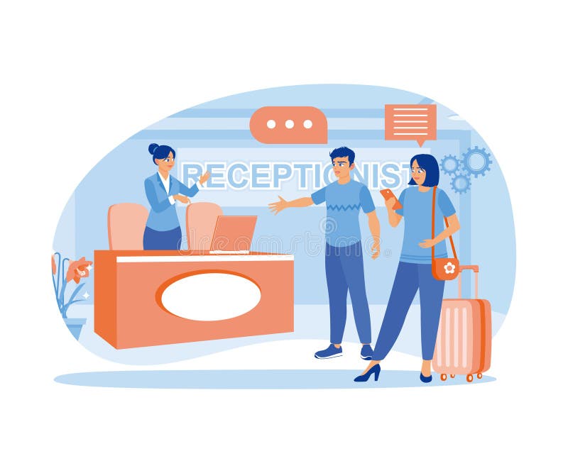 A Couple of Tourists Check in at the Hotel. the Receptionist is ...