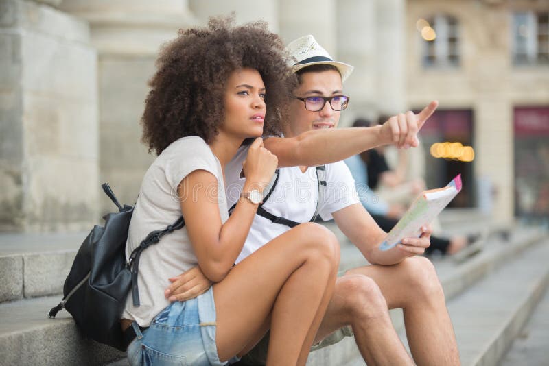 Couple Tourists Looking at City Guide Stock Photo - Image of guide ...