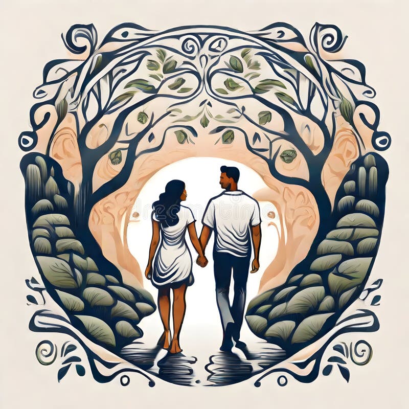 Couple with Tree, Vintage Style. Vector Illustration Stock Illustration ...