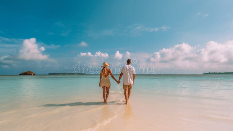 Couple on Tropical Beach Back View. Generative AI. Stock Illustration ...