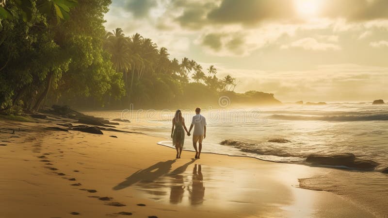 Couple on Tropical Beach Back View. Generative AI. Stock Illustration ...