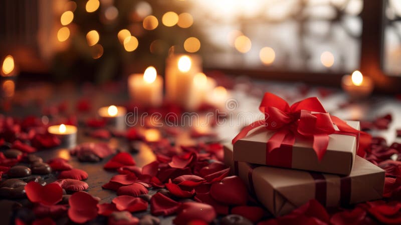 A Couple of Two Wrapped Presents Sitting on a Table with Candles, AI ...