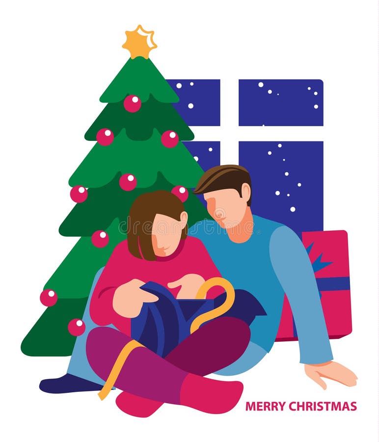 Couple Under the Fir Tree Unpacking Gifts Vector Flat Illustration ...
