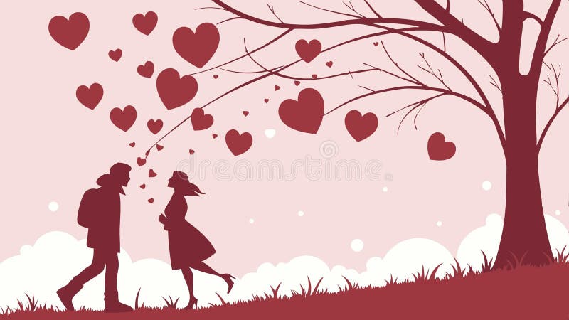 Couple Under Heart Tree, Love and Romantic Relationship Scene. Vector ...