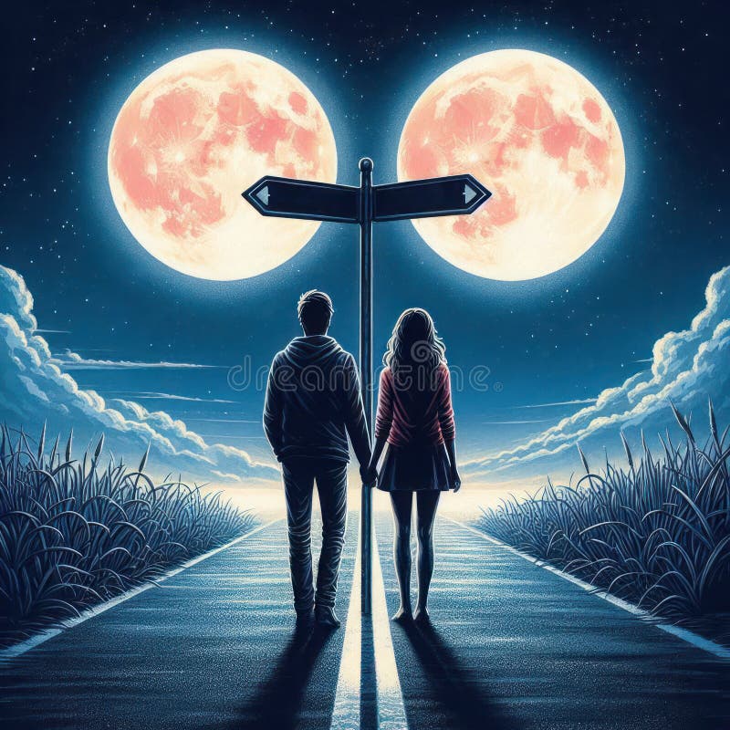 A Couple Under Two Moons at the Crossroads of Destinies. Stock Image ...