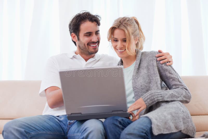 Happy Man And Woman Couple Using Laptop Computer Stock Image Image Of