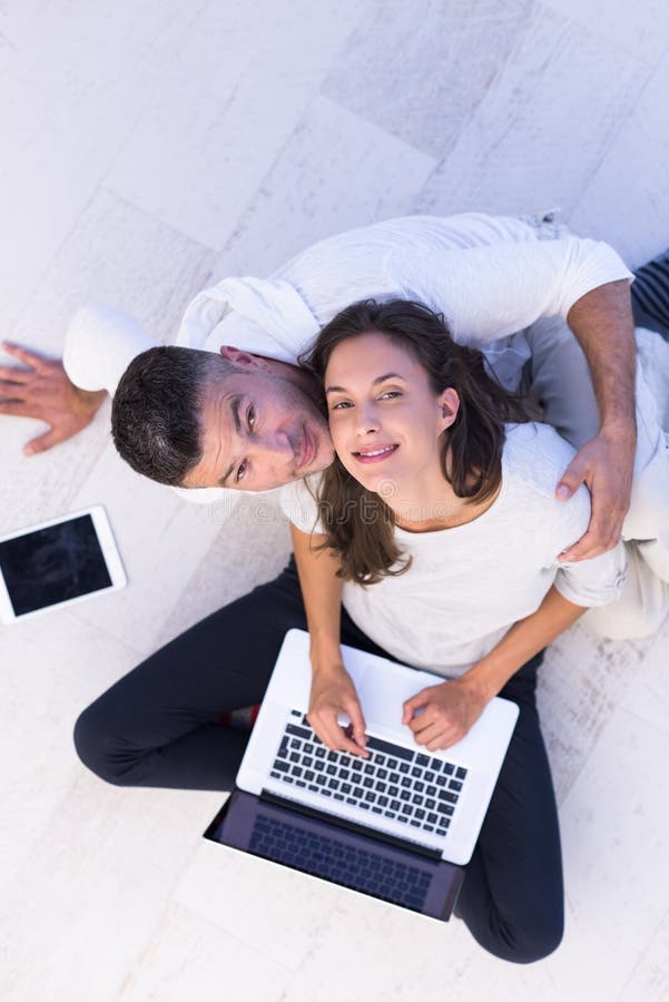Couple Using Tablet and Laptop Computers Top View Stock Image - Image ...
