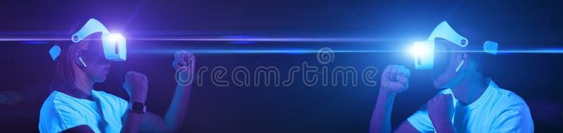 Couple with Virtual Reality Headset are Playing Game and Fighting ...