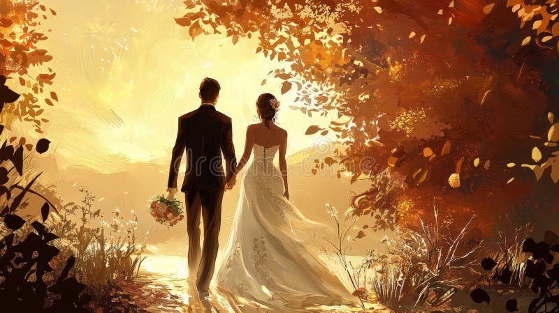 Couple Walking in Autumn Setting Romantic Moment Stock Illustration ...