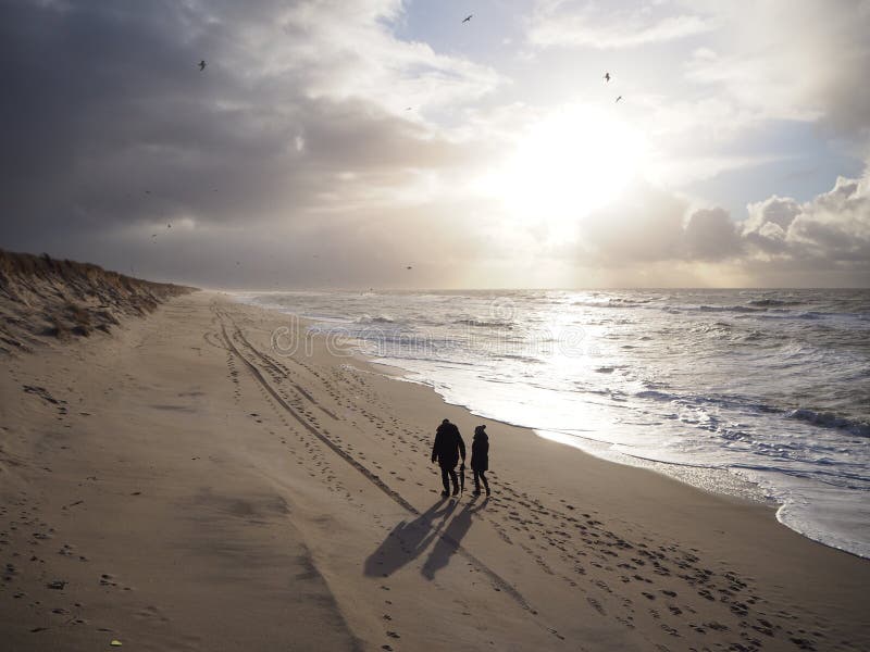 Couple Walking at the Beach Around Sunset Stock Photo - Image of sandy ...