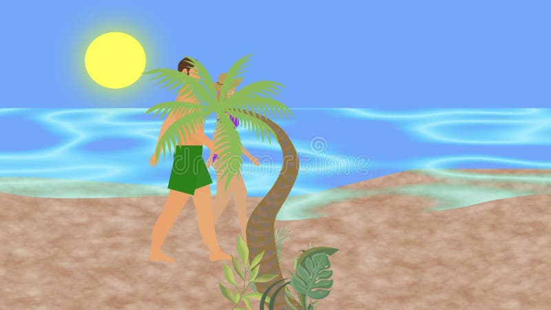 Couple Walking on the Beach, 2D Flat Cartoon Animation, Sea View on the ...