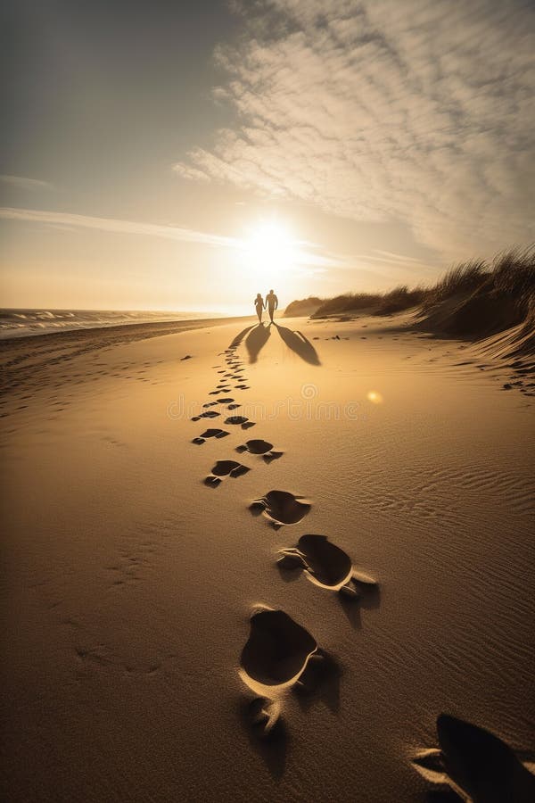 A Couple Walking on the Beach Footprints in the Sand. Generative AI ...