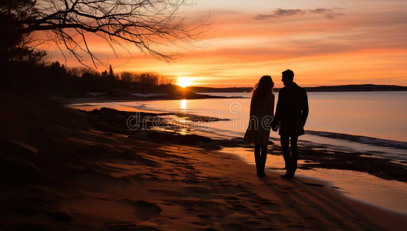 Couple Walking on Beach at Sunset, Romantic Silhouette of Two People ...
