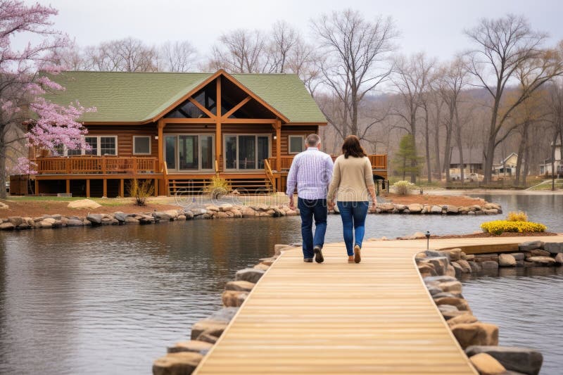 Couple Walking on Dock Toward Log Cabin by Lake Stock Image - Image of ...