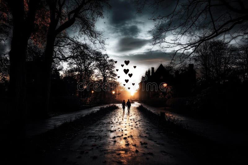 Couple Walking at Dusk in Romantic Park Pathway with Heart Balloons ...