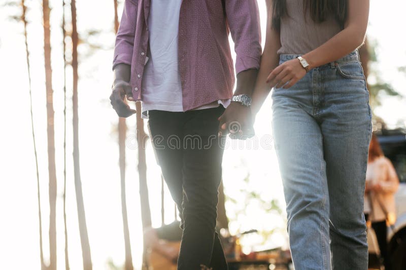 Couple Walking Forward Group Friends Having Fun Together Forest Stock ...