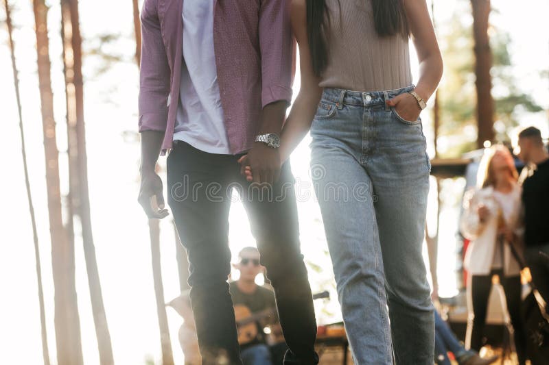 Couple is Walking Forward. Group of Friends are Having Fun Together in ...