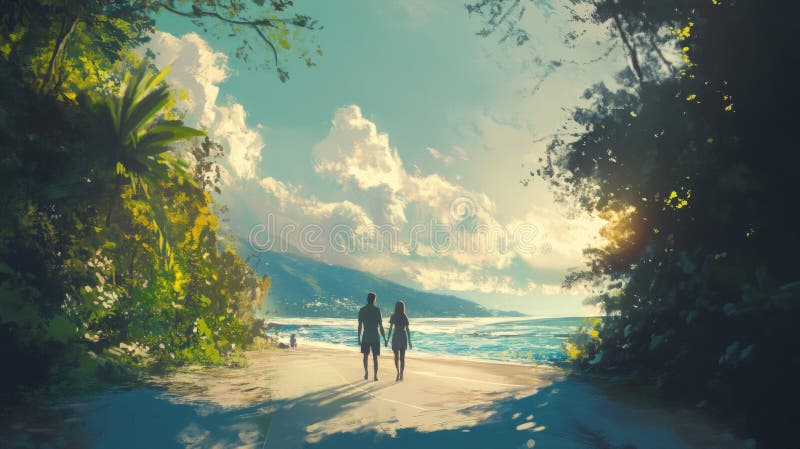 Couple Walking Hand in Hand on Tropical Beach at Sunset Stock ...