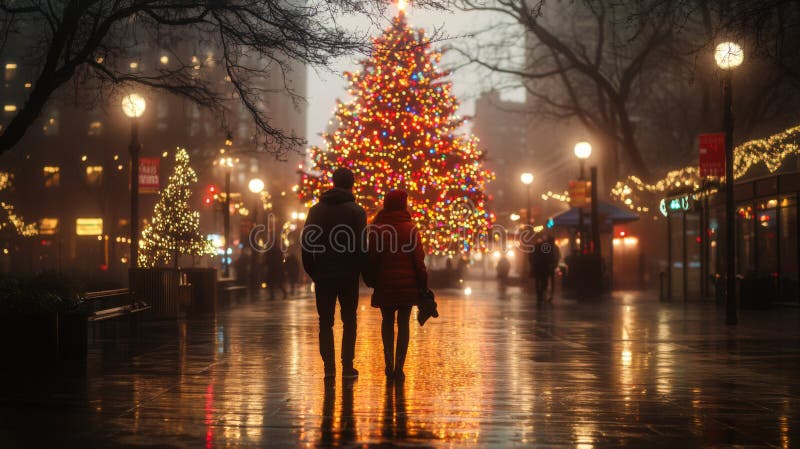 Couple Walking Past a City Christmas Tree at Night Stock Illustration ...