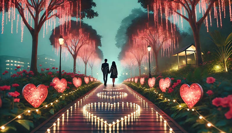 Couple Walking on Path Lined with Heart Shaped Lights. Stock Photo ...