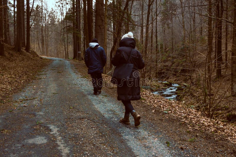 Couple Walking on the Path Near Stream in the Mountain Forest Stock ...