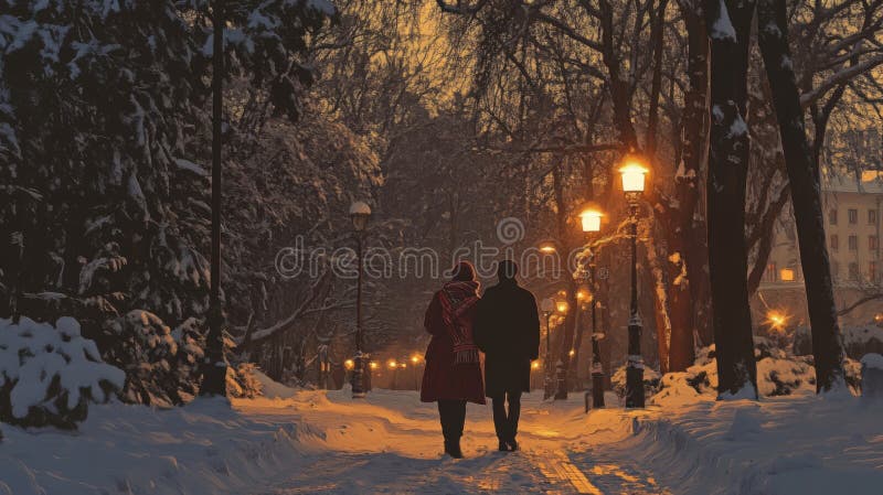 Couple Walking Snowy Winter Night Park Path Stock Illustration ...