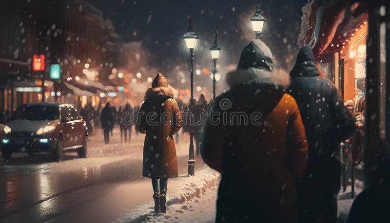 Couple Walking on the Street Under the Snowfall at Night. Stock ...