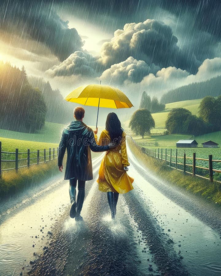 Couple Walking Strolling Raining River Pathway Spring Umbrella Ai