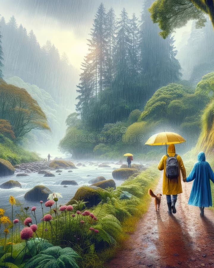 Couple Walking Strolling Raining River Pathway Spring Umbrella AI ...