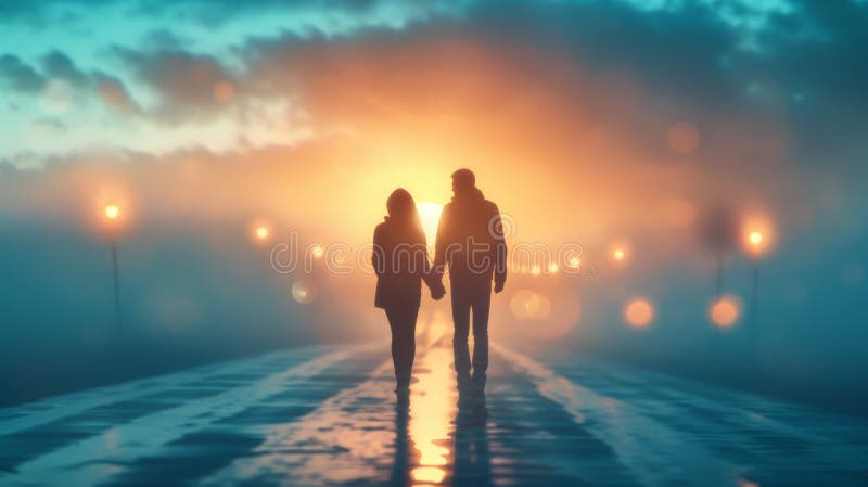 Couple Walking at Sunset on Foggy Path Stock Illustration ...