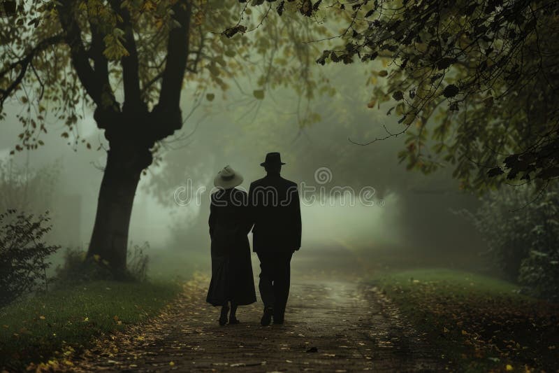 Couple Walking Together on a Misty Path Stock Image - Image of romance ...