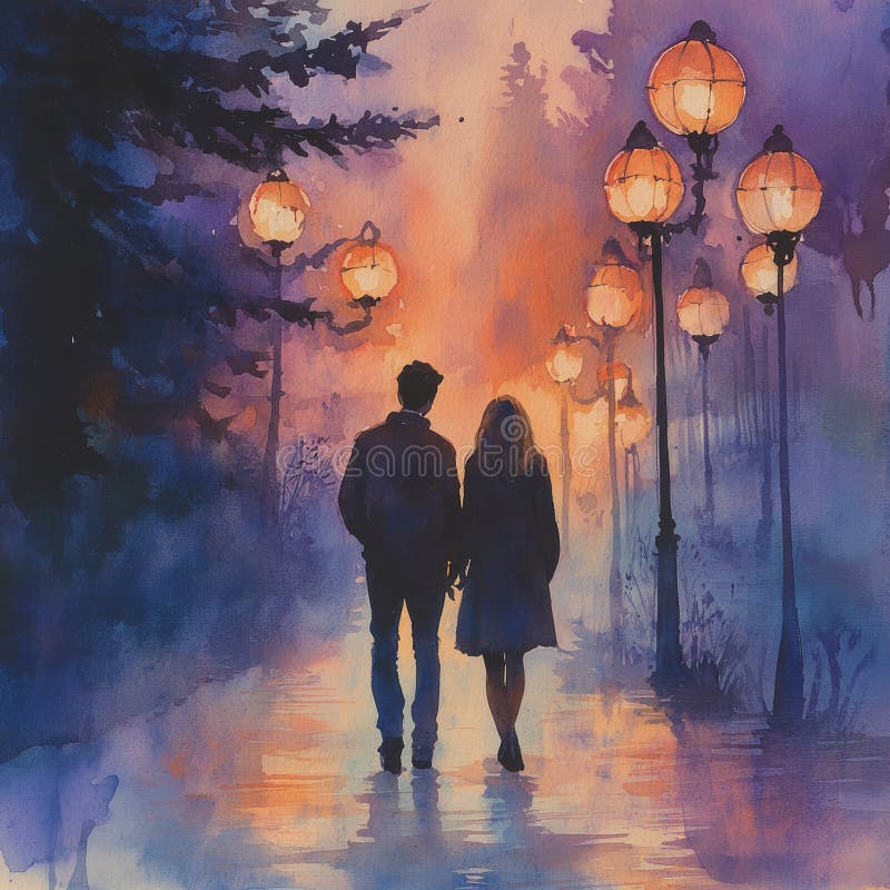 Couple Walking Under Street Lamps on a Misty Forest Path Stock Image ...