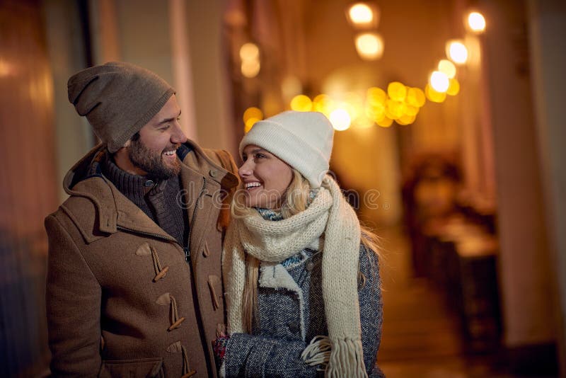 Couple Walking at Winter Night in the City Stock Photo - Image of ...